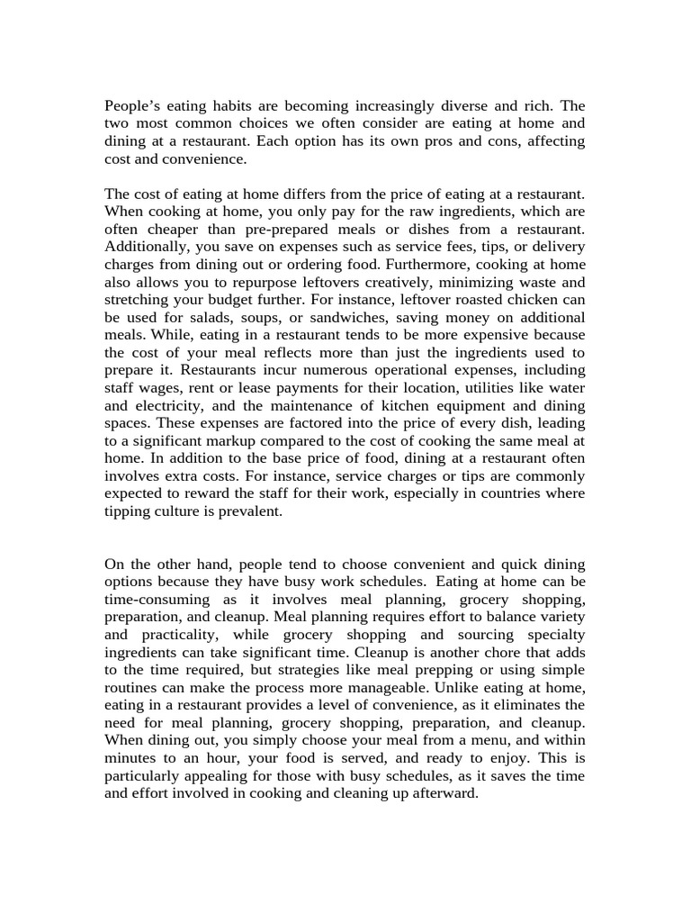 Eating at Home Vs Eating at Restaurant | PDF | Restaurants | Meal