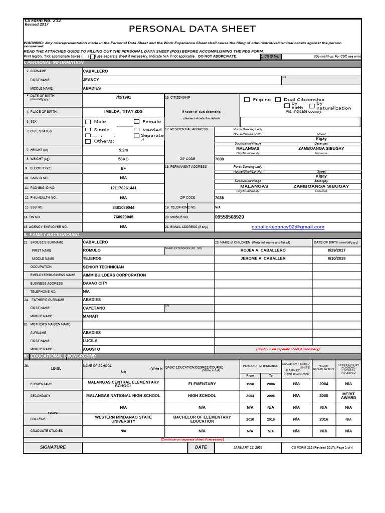 CS Form No. 212 Revised Personal Data Sheet (PDS) | PDF | Government ...
