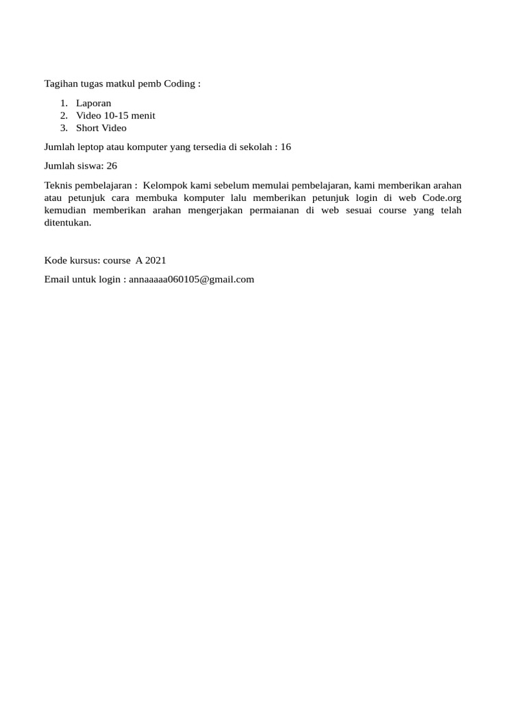 Laporan Pembelajaran Coding Di Sekolah - Kelompok 3 | PDF