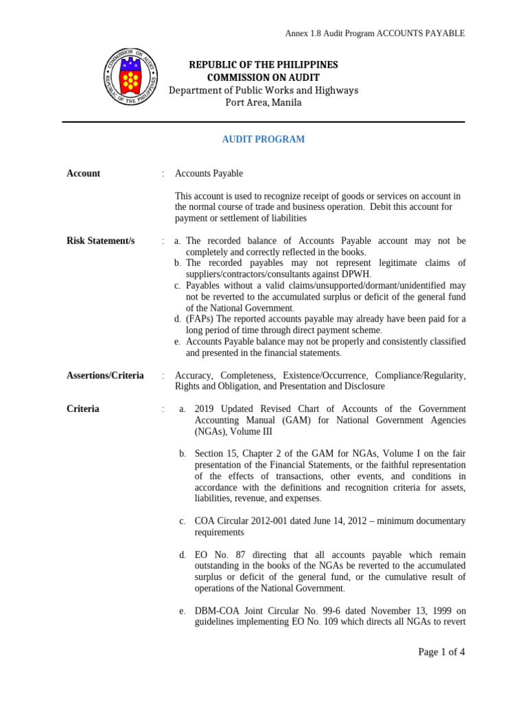 Annex 1.8 Audit Program - ACCOUNTS PAYABLE | PDF | Accounts Payable | Debits And Credits