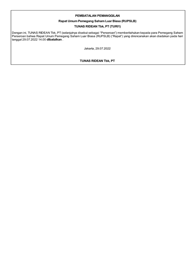 TURI 22 07 29 Pembatalan Pemanggilan RUPSLB | PDF