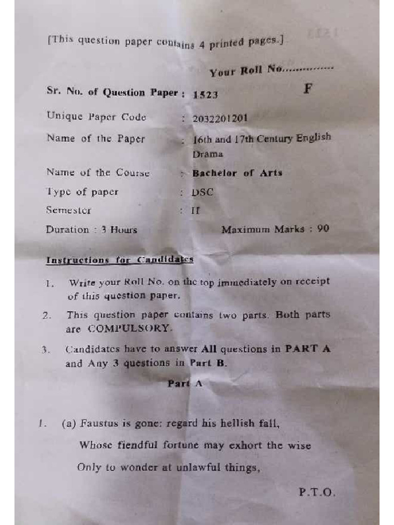 16TH & 17TH CENTUARY ENGLISH QUES PAPER | PDF