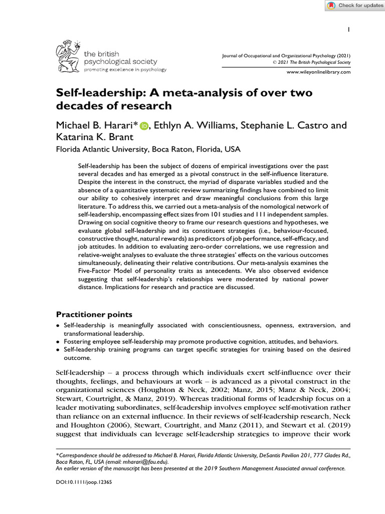 Harari2021 - Self Leadership | PDF | Self Efficacy | Meta Analysis