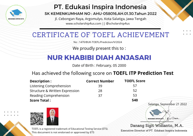 TOEFL E-Certificate - Nur Khabibi Diah Anjasari | PDF