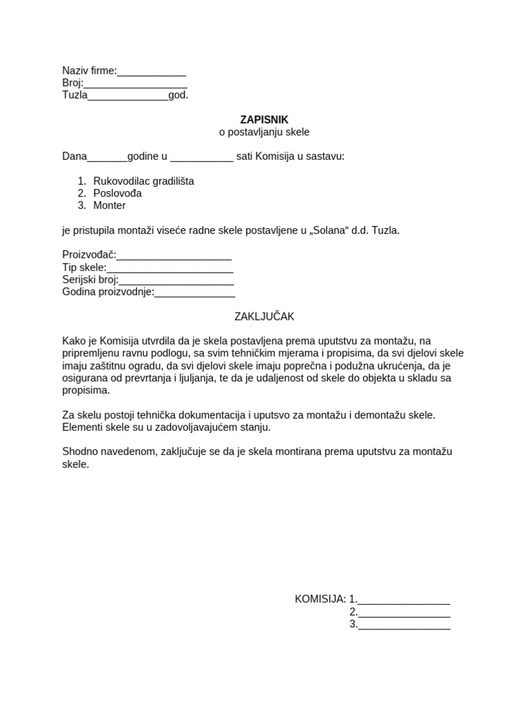 Zapisnik o Montaži Skele | PDF