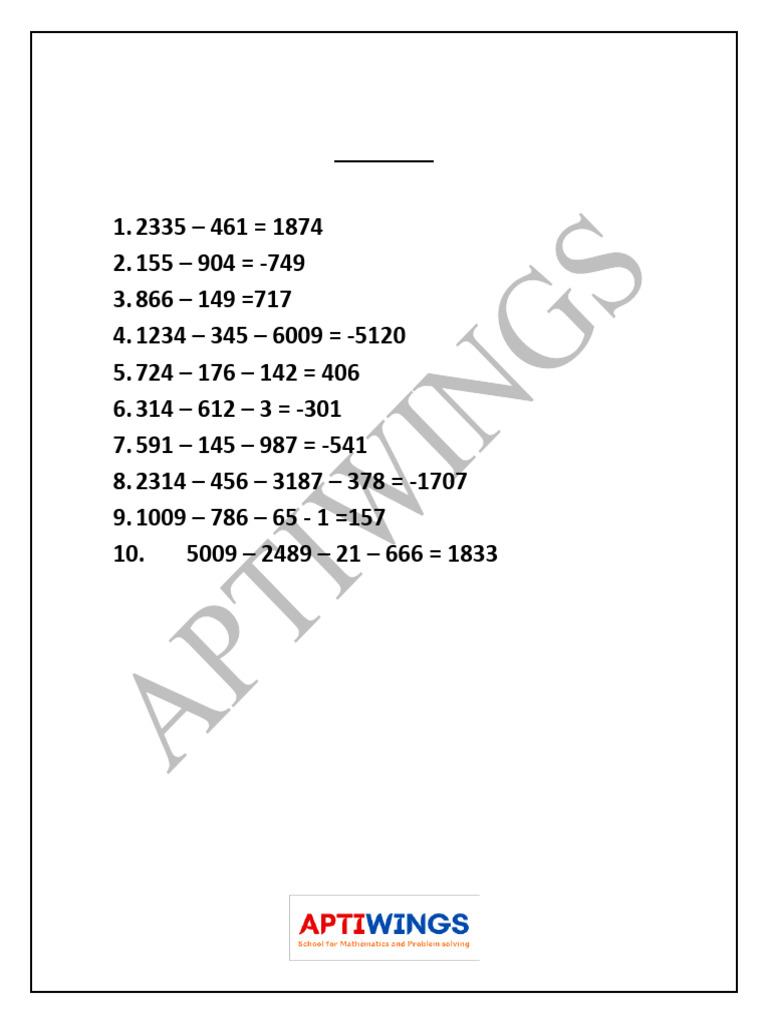 Subtraction Answers and Solutions | PDF