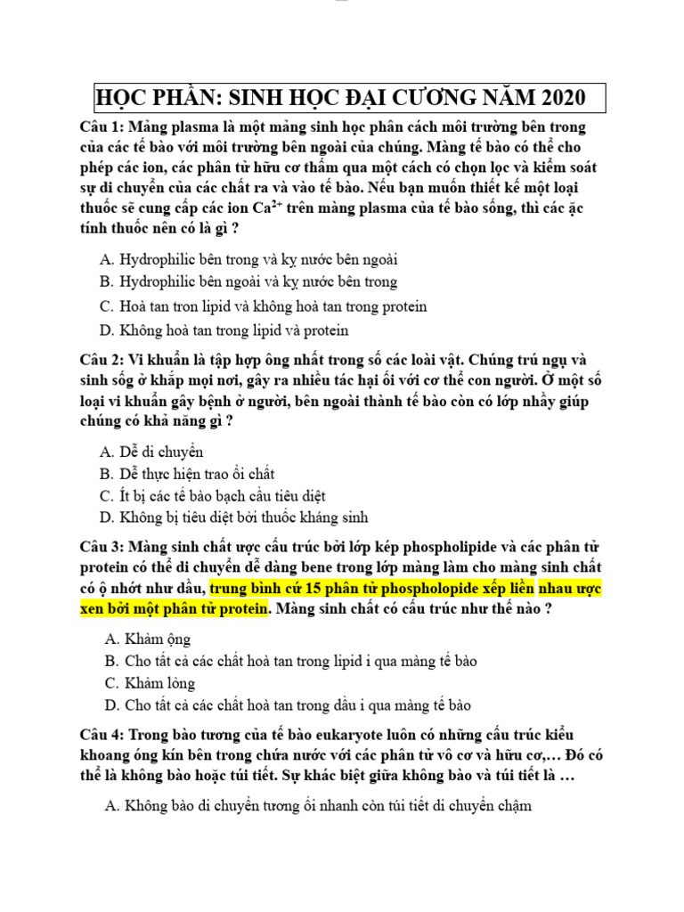 De Cuong Trac Nghiem Mon Sinh Hoc Dai Cuong Nam 2020 Dai Hoc y Duoc Hu 114065 | PDF