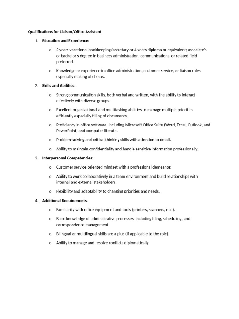 Liaison/Office Assistant Qualifications | PDF