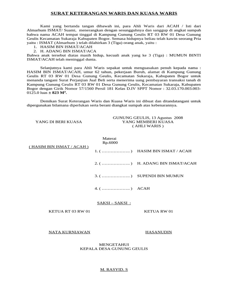 SURAT KETERANGAN WARIS DAN KUASA WARIS ( ACAH-HASIM) | PDF