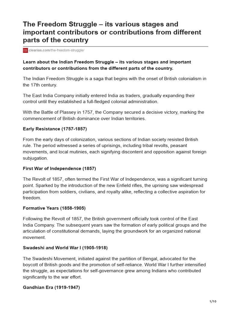 The Freedom Struggle Its Various Stages and Important Contributors or ...