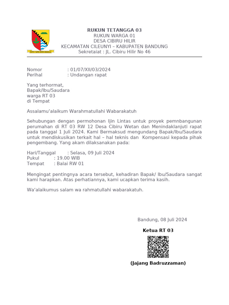 Undangan Rapat RT 03 Cibiru Hilir | PDF