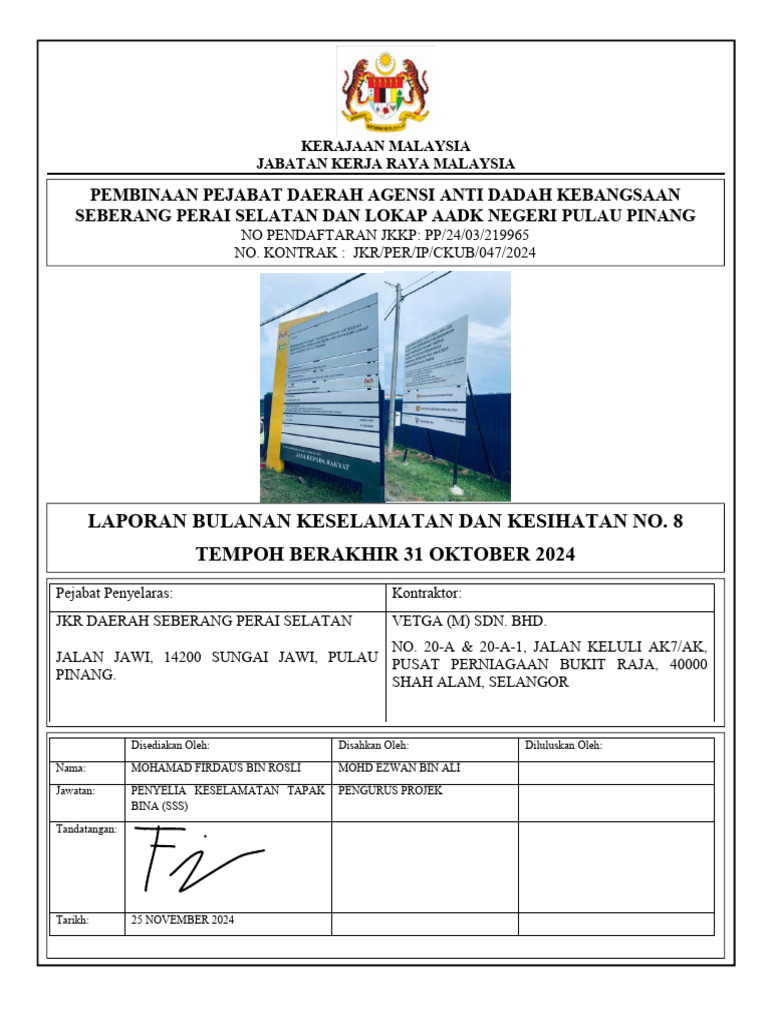 Laporan Keselamatan Dan Kesihatan Aadk Bil 8 - Oktober 2024 | PDF