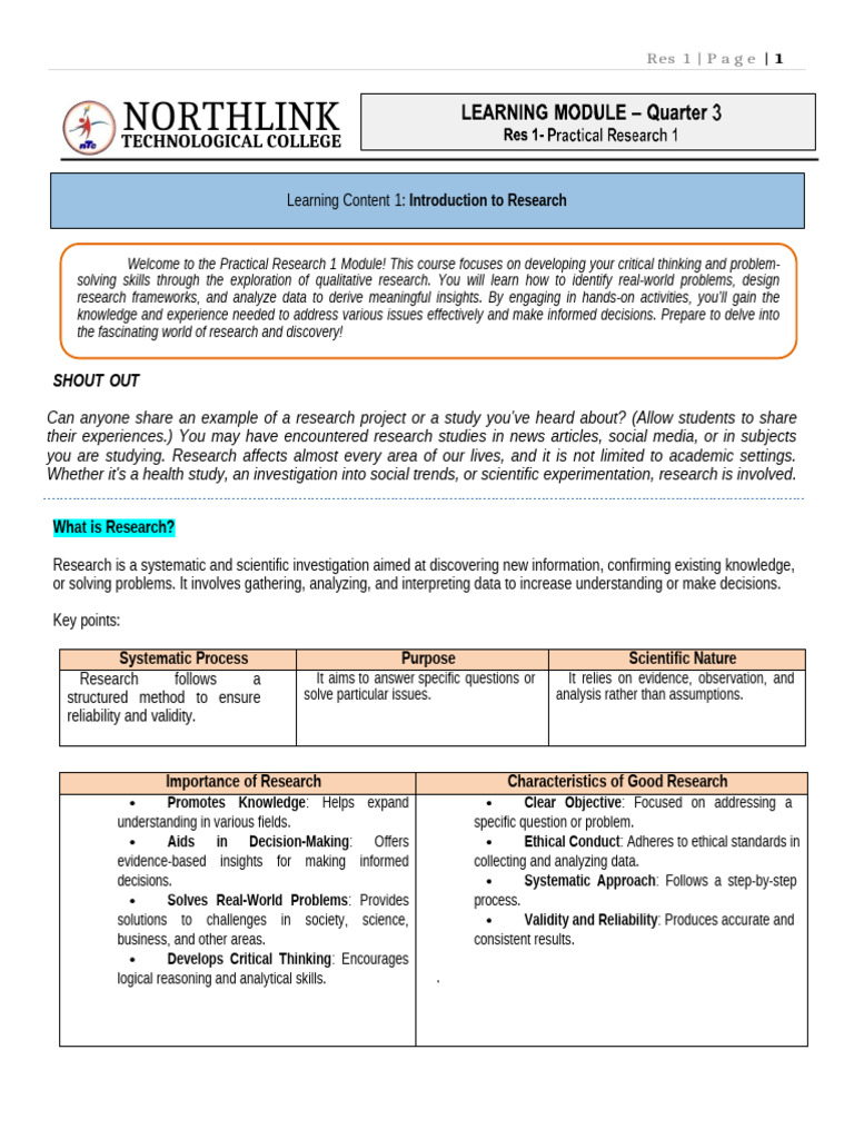 Res 1 B.1 Learing Module | PDF | Qualitative Research | Focus Group