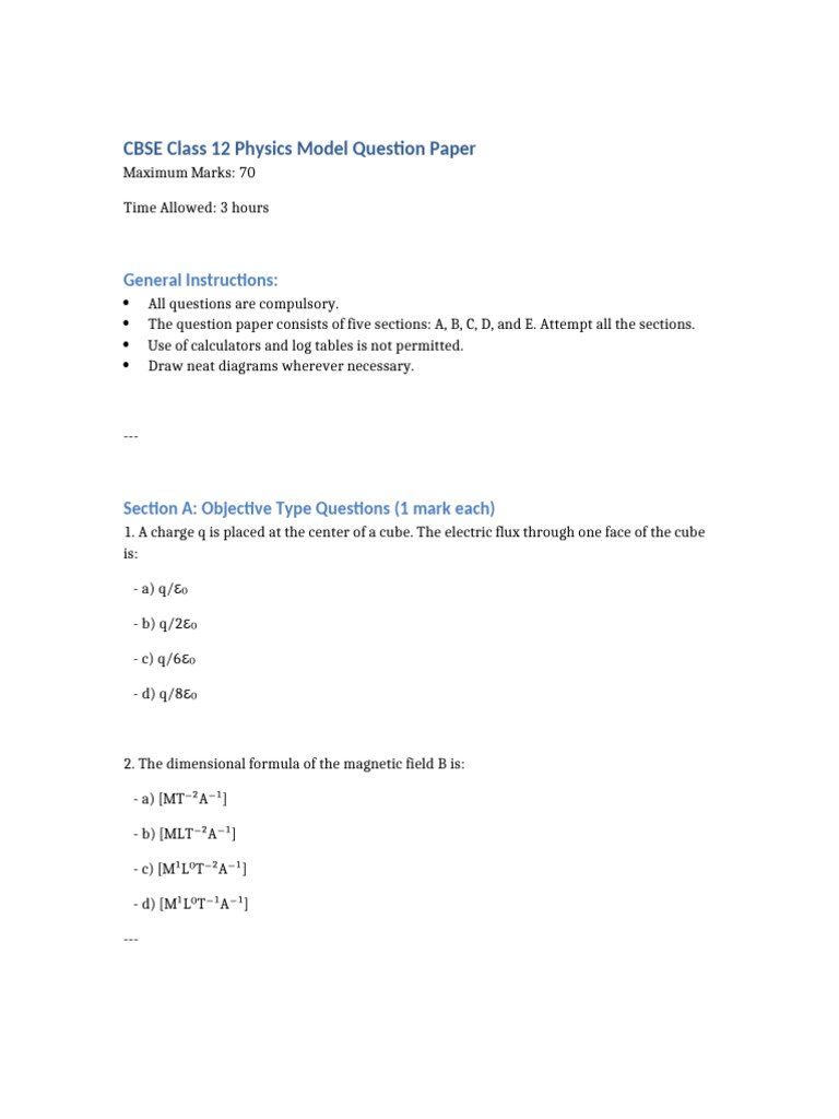 CBSE Class12 Physics Model Paper | PDF