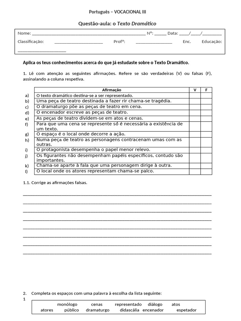 Texto Dramático: Questões e Atividades | PDF | Teatro