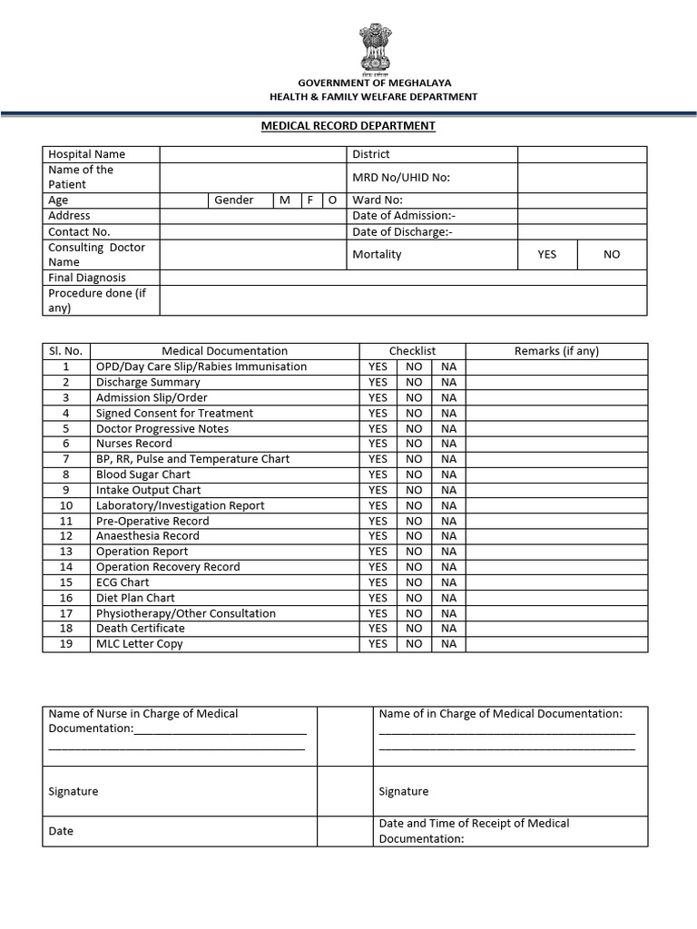 21-Medical Record Department Checklist | PDF | Health Care | Medical ...