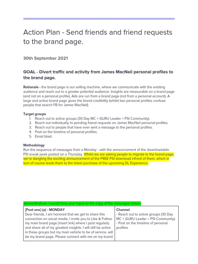 Action Plan - Send friends and friend requests to brand page | PDF ...