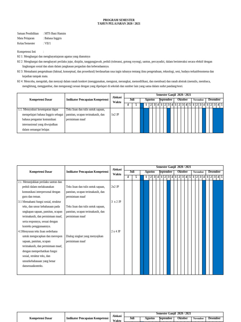 Prosem Bahasa Inggris Kelas Vii | PDF