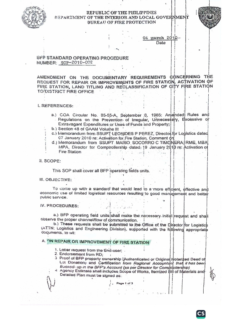 BFP Sop 2010-002 | PDF