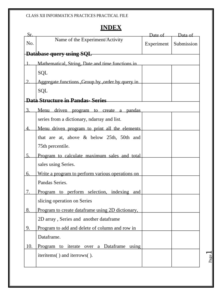 Class Xii Ip Practical File | PDF | Database Index | Computer Programming