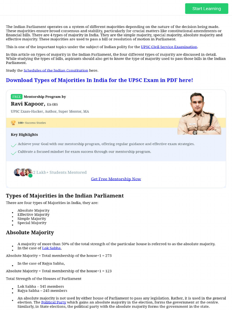 Majorities in Indian Parliament - Know The Types of Majority | PDF