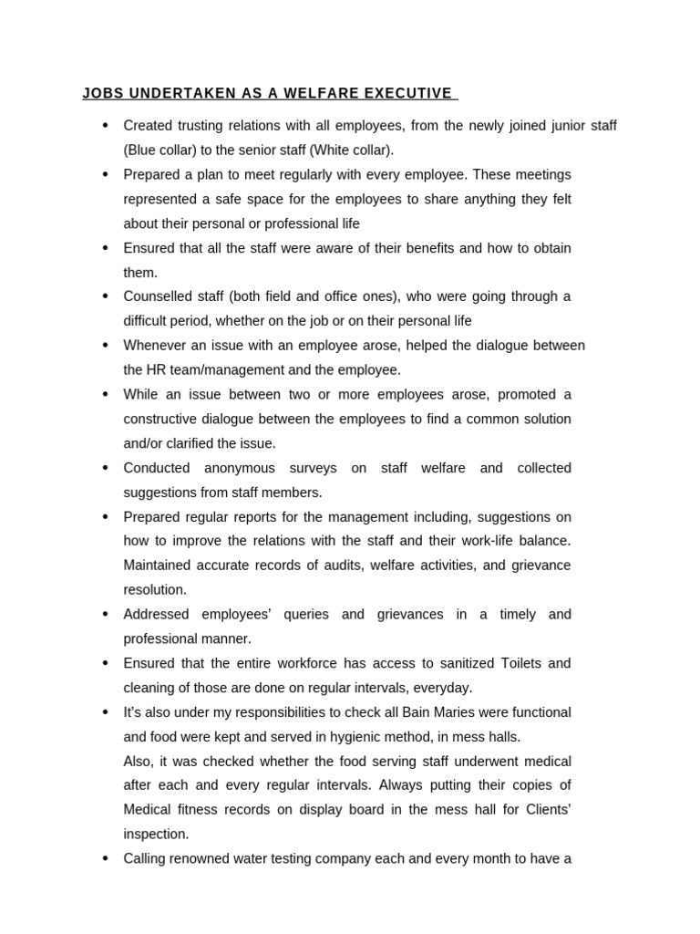 Jobs Undertaken As A Welfare EXECUTIVE | PDF | Occupational Safety And ...