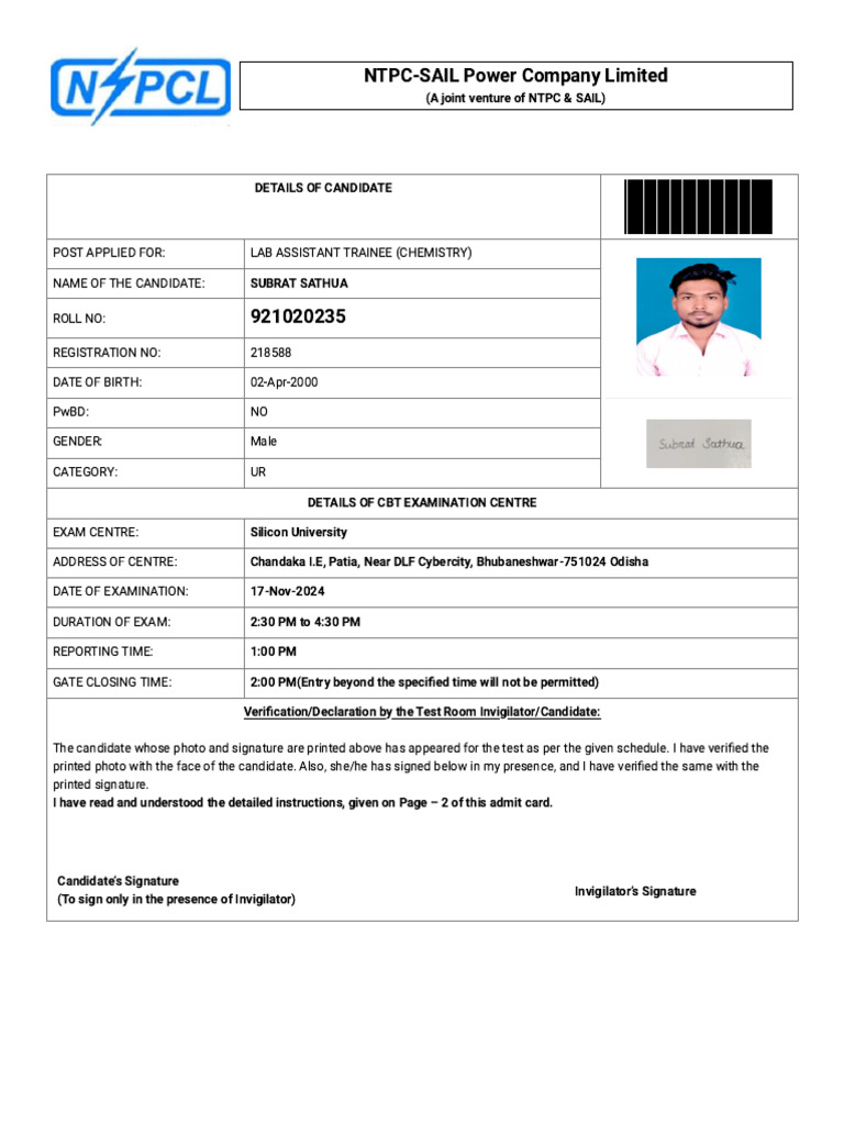 NSPCL 2024 - CBT Admit Card | PDF | Identity Document