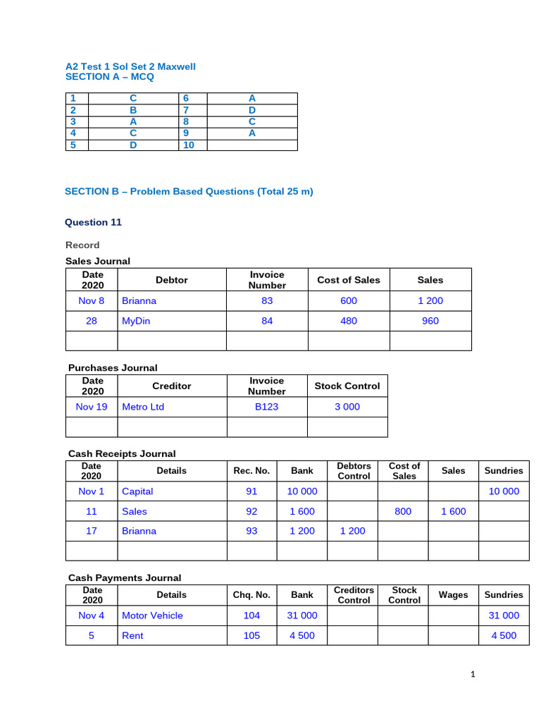 A2 Test 1 Solution Set 2: Accounting | PDF | Debits And Credits ...
