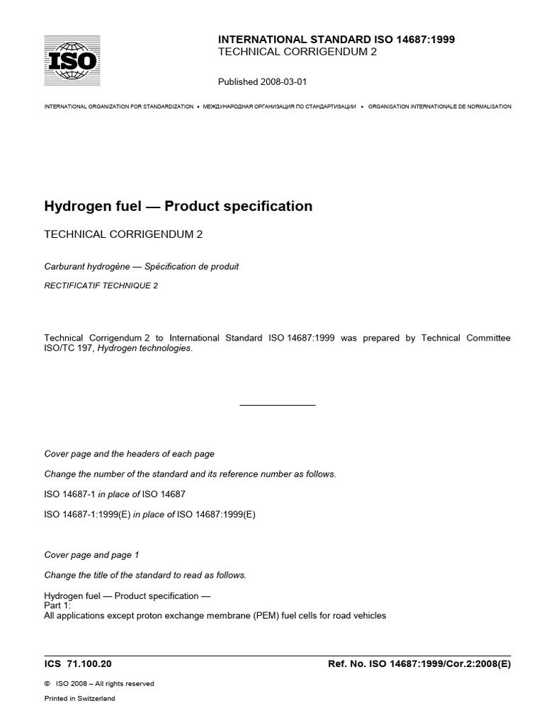 ISO 14687-1999 cor2-2008 | PDF | Fuels | Fuel Cell