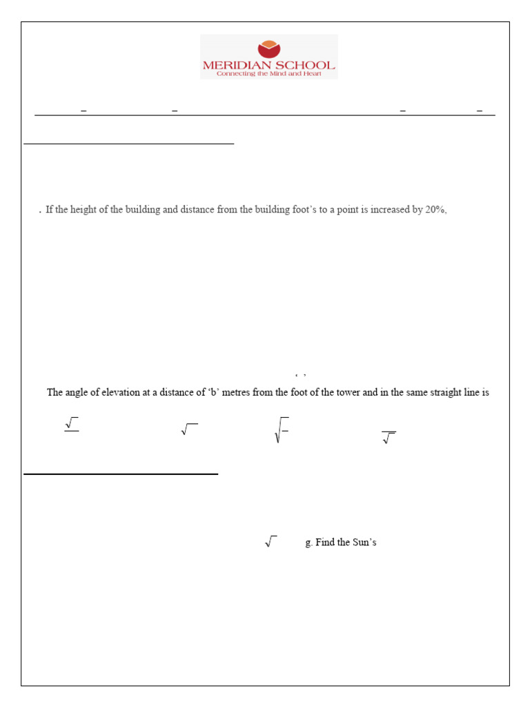 Trigonometry Applications Worksheet Class X | PDF | Angle | Height