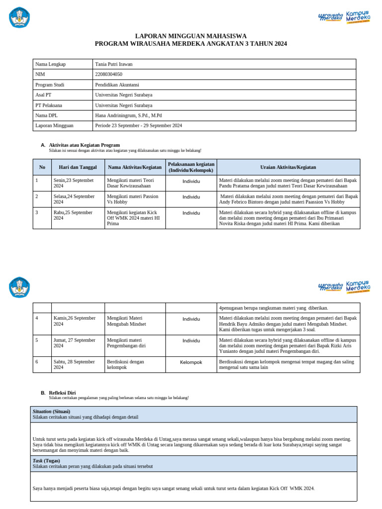 Laporan Mingguan Mahasiswa WMK 3 Tania Putri Irawan | PDF