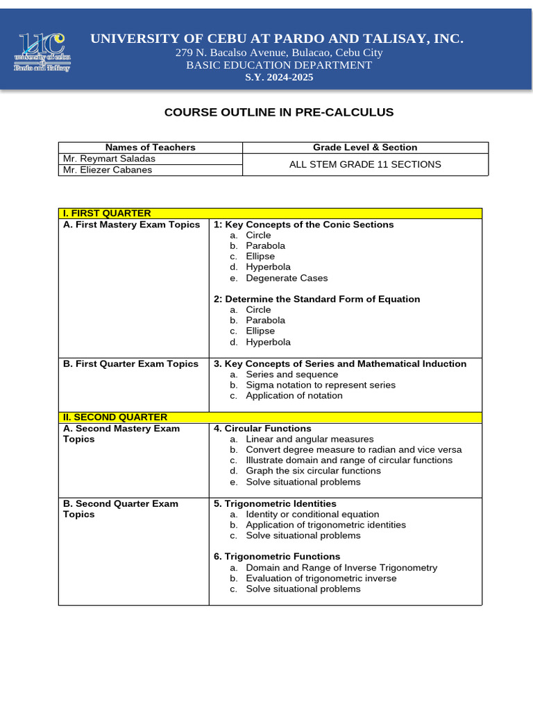 Course Outline Pre-Calculus | PDF | Function (Mathematics) | Trigonometric Functions
