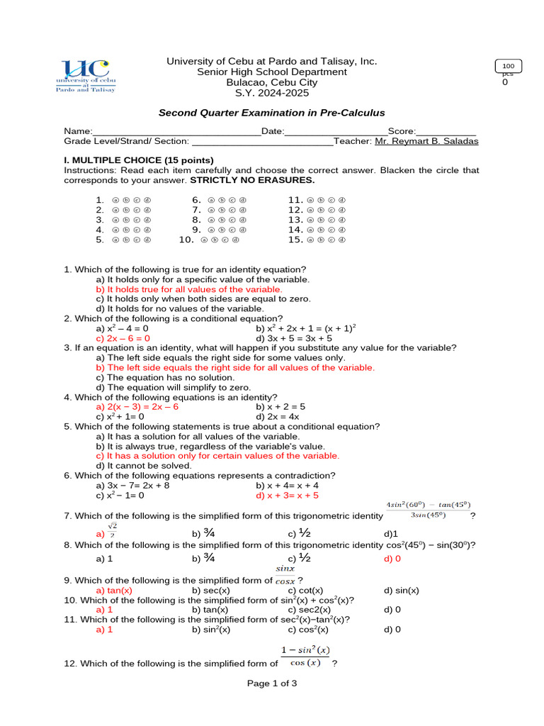PRE-CALCULUS SECOND QUARTERLY EXAM | PDF | Trigonometric Functions | Equations