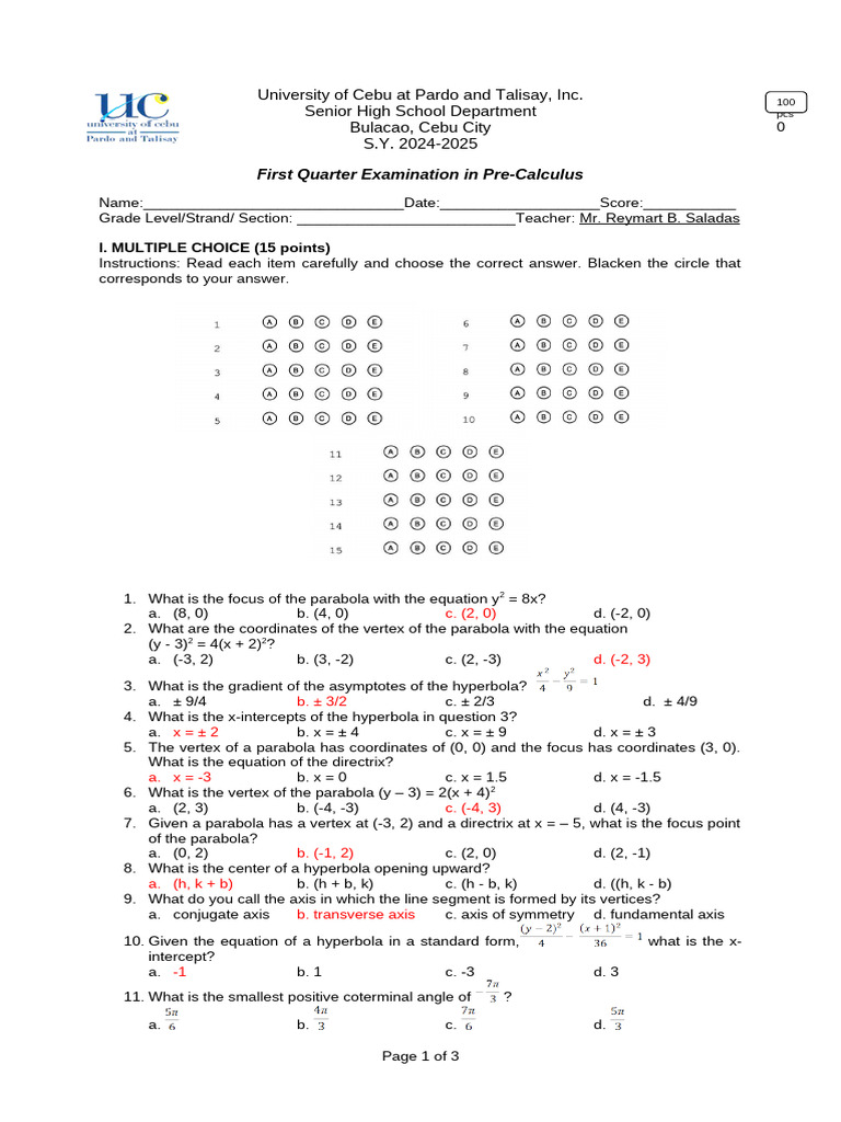 Pre-Calculus First Quarterly Exam | PDF | Analytic Geometry | Euclidean Geometry