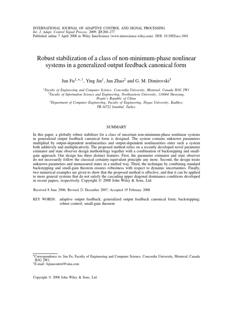 Robust stabilization of a class of non-minimum-phase nonlinear | PDF | Control Theory | Applied ...