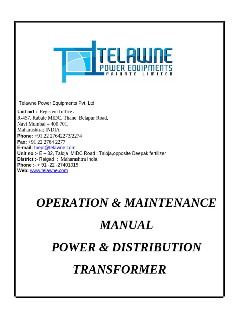 Telawne Transformer Operation Manual | PDF | Transformer | Electricity