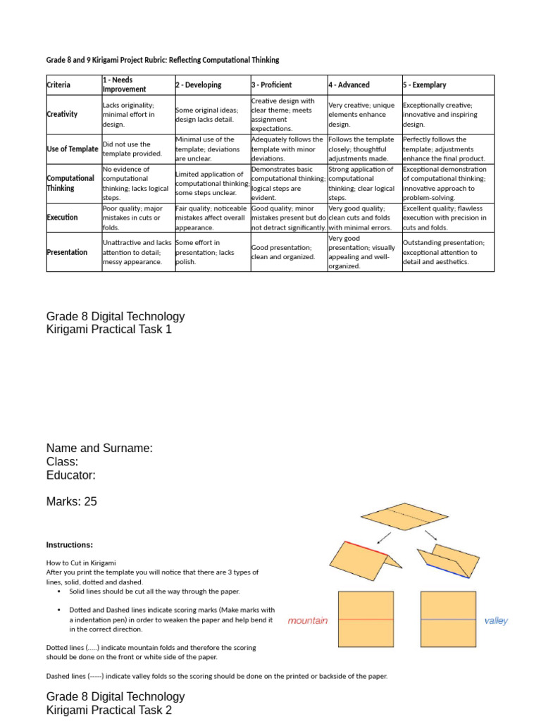 Grade 8 and 9 Kirigami Project Rubric | PDF | Thought | Rubric (Academic)