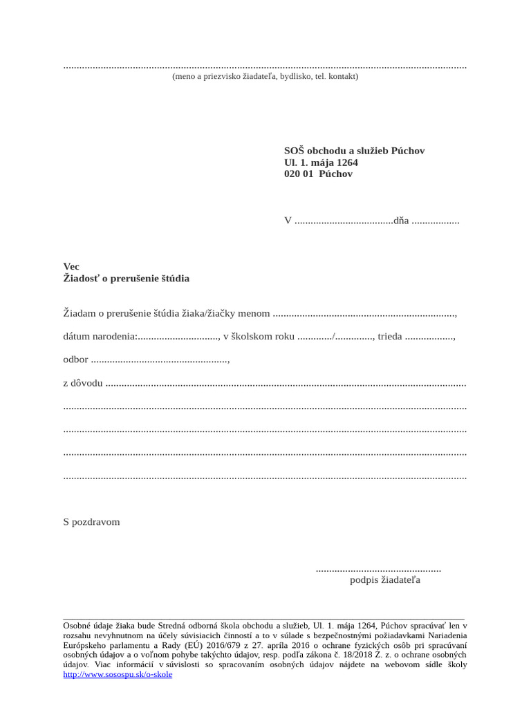 Ziadost o Prerusenie Studia Ziak | PDF