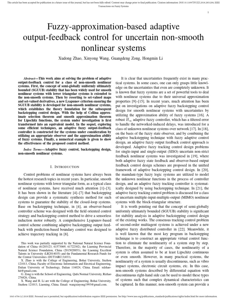 Ref 1-Zhao2018-Fuzzy-Approximation-Based Adaptive | PDF | Control Theory | Function (Mathematics)
