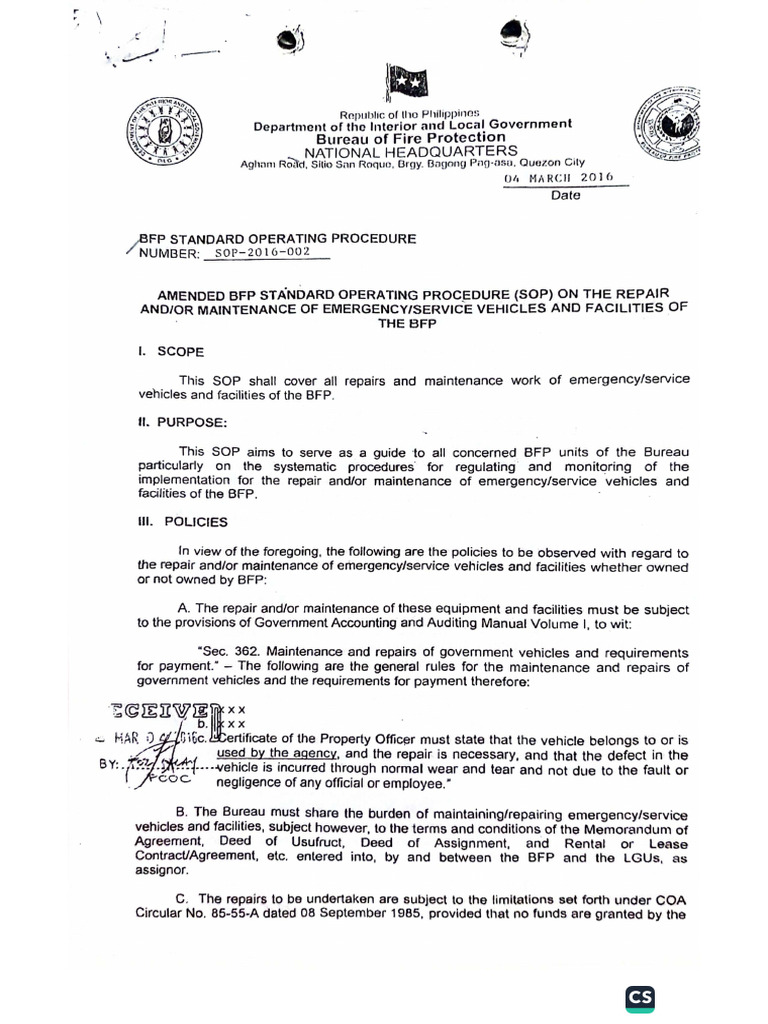 BFP Sop 2016-002 | PDF