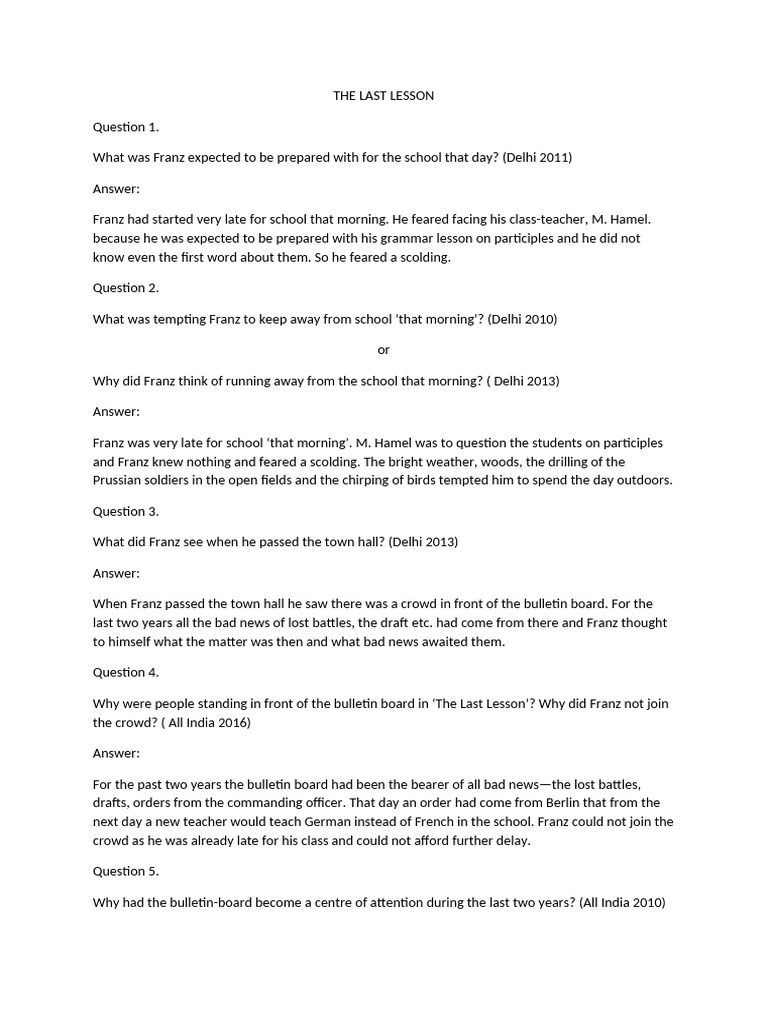 Question A ND Answers The Last Lesson | PDF