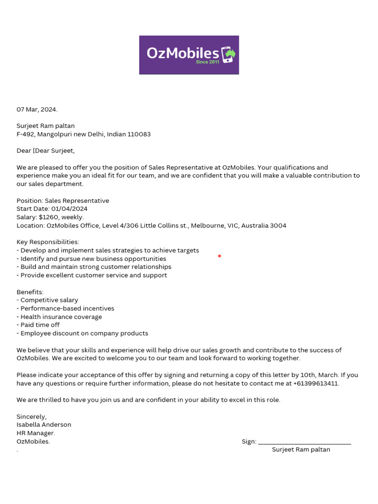 Sales Representative Job Offer at OzMobiles | PDF