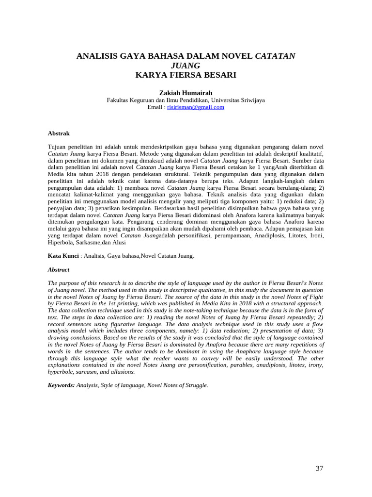 Analisis Gaya Bahasa Dalam Novel Catatan Juang | PDF