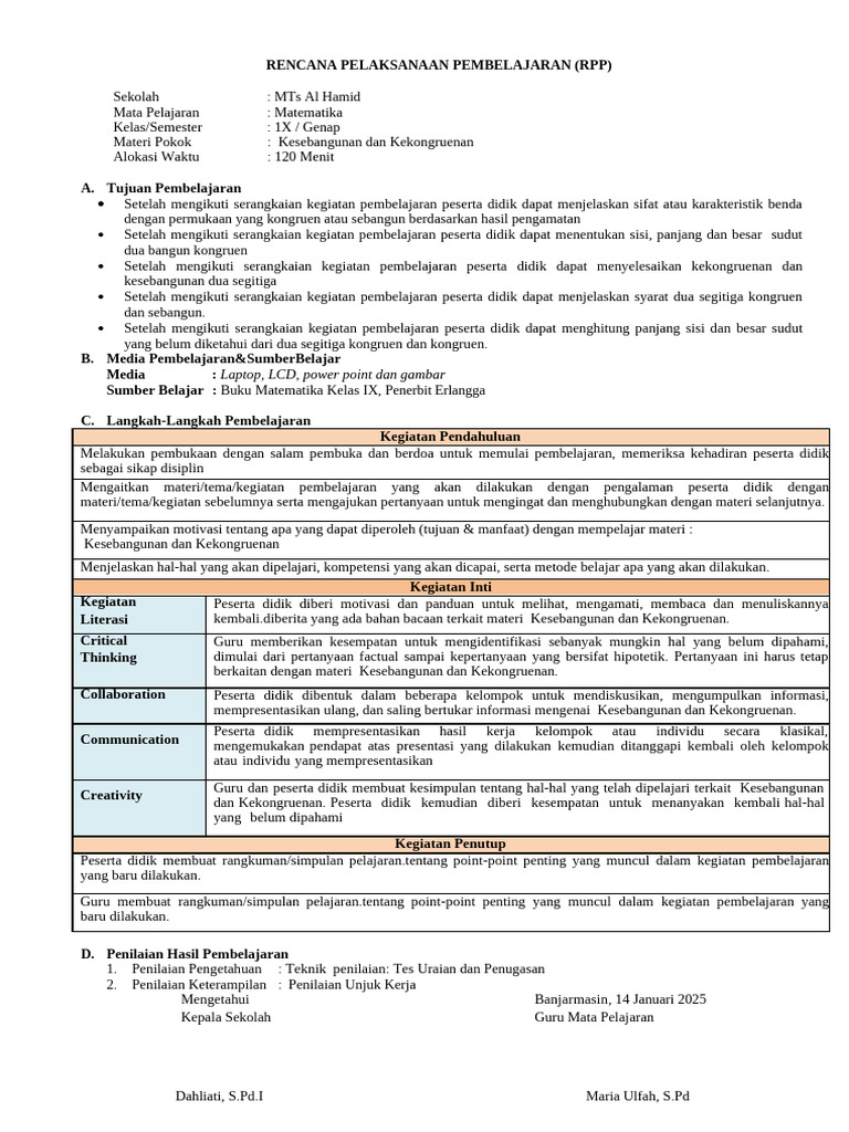 RPP Supervisi Kekongruenan dan Kesebangunan 2024 | PDF