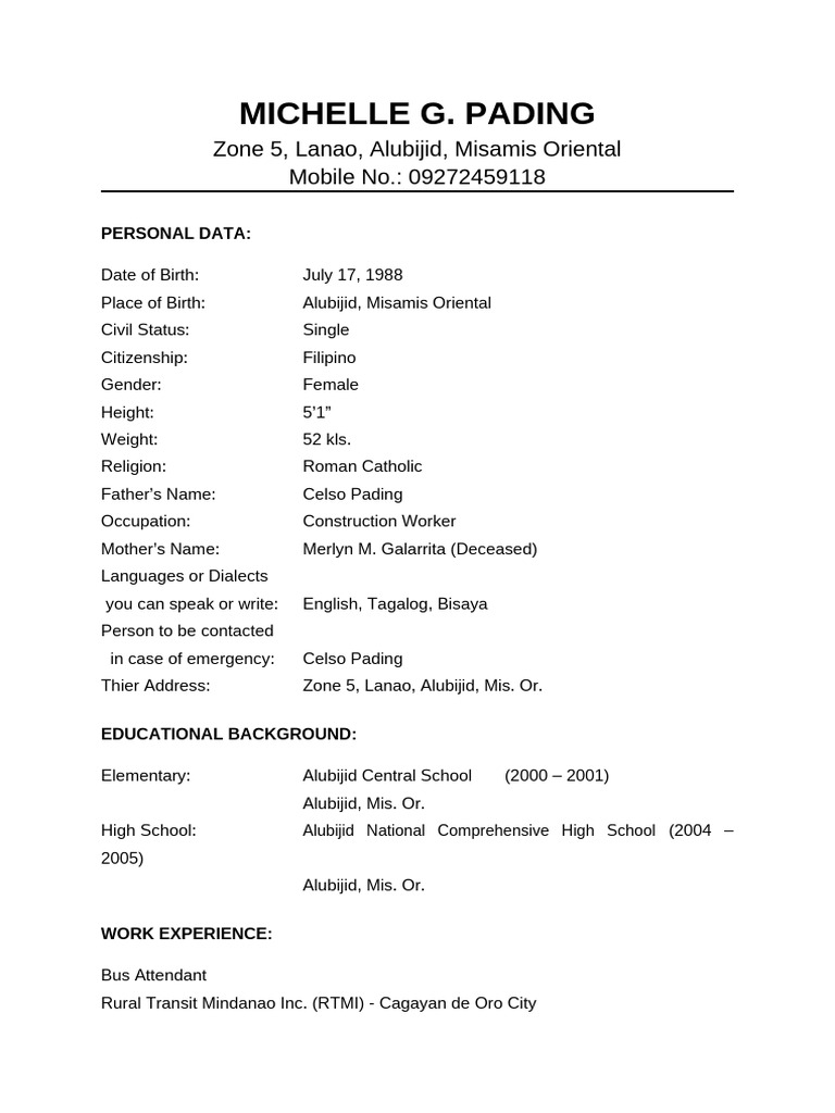 Resume and Application Letter - Michelle Pading | PDF | Philippines