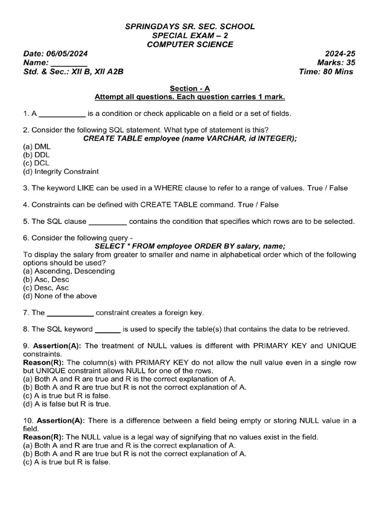 SE2 XII B, XII A2B Computer Sc. 6_5_24 QP (Online) | PDF