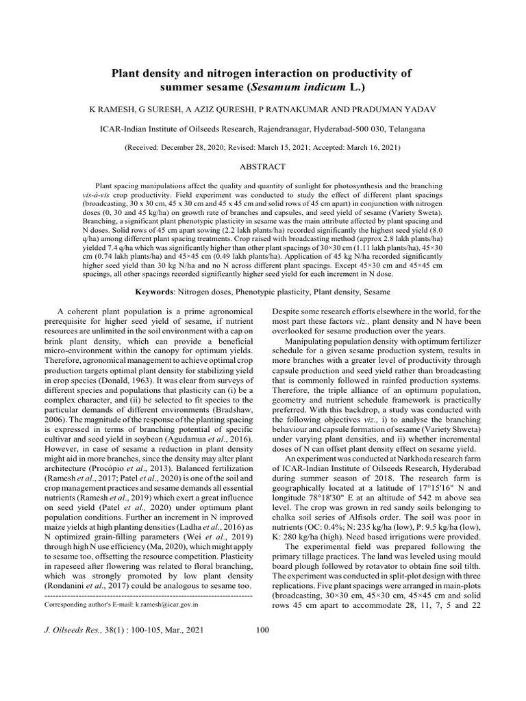 Plant density paper Ramesh | PDF | Sowing | Sesame