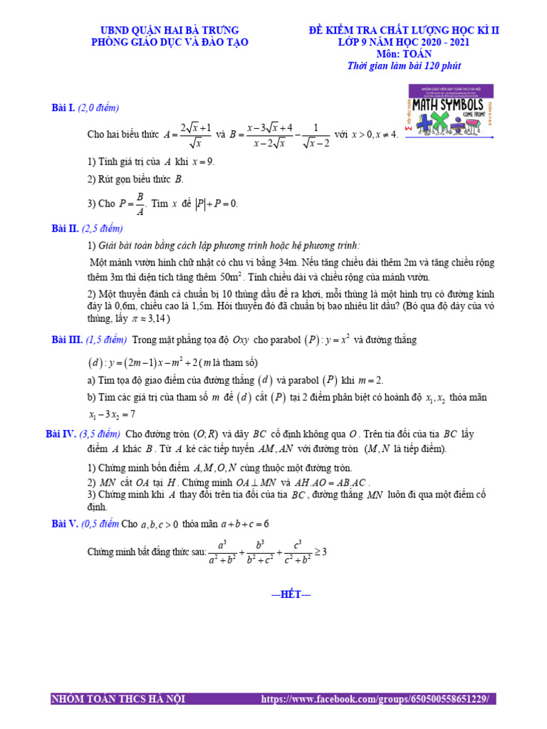 02.Đề Hk2 Lớp 9 Pgd Hai Bà Trưng- Gv Toán Hà Nội 2021 | PDF