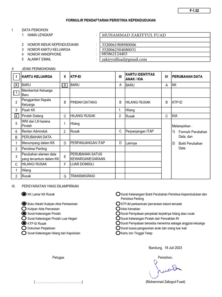 Formulir F-1.02 Pendaftaran Peristiwa Kependudukan | PDF