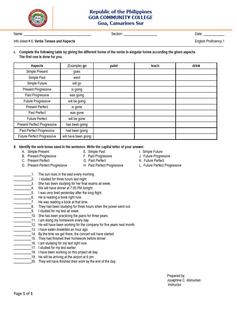 EP 1 Worksheet No. 6_ Verb Tenses and Aspects | PDF | Linguistic ...
